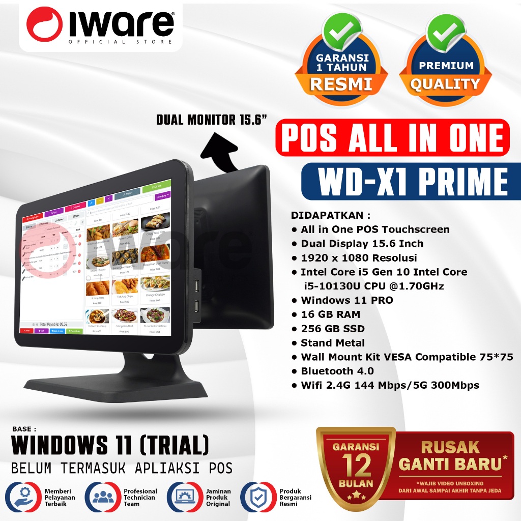 Jual Mesin Kasir PC Pos All In One Iware WD-X1 DUAL Prime i5 gen 10 16/256GB Dual Monitor ...