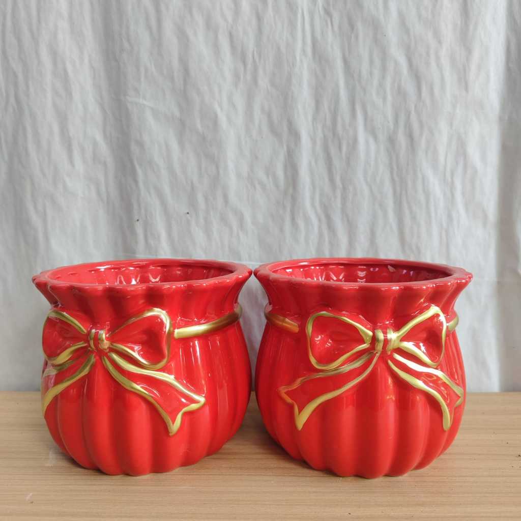 Jual Pot Keramik Pot Tanaman hias pot bunga desain pita warna merah ...