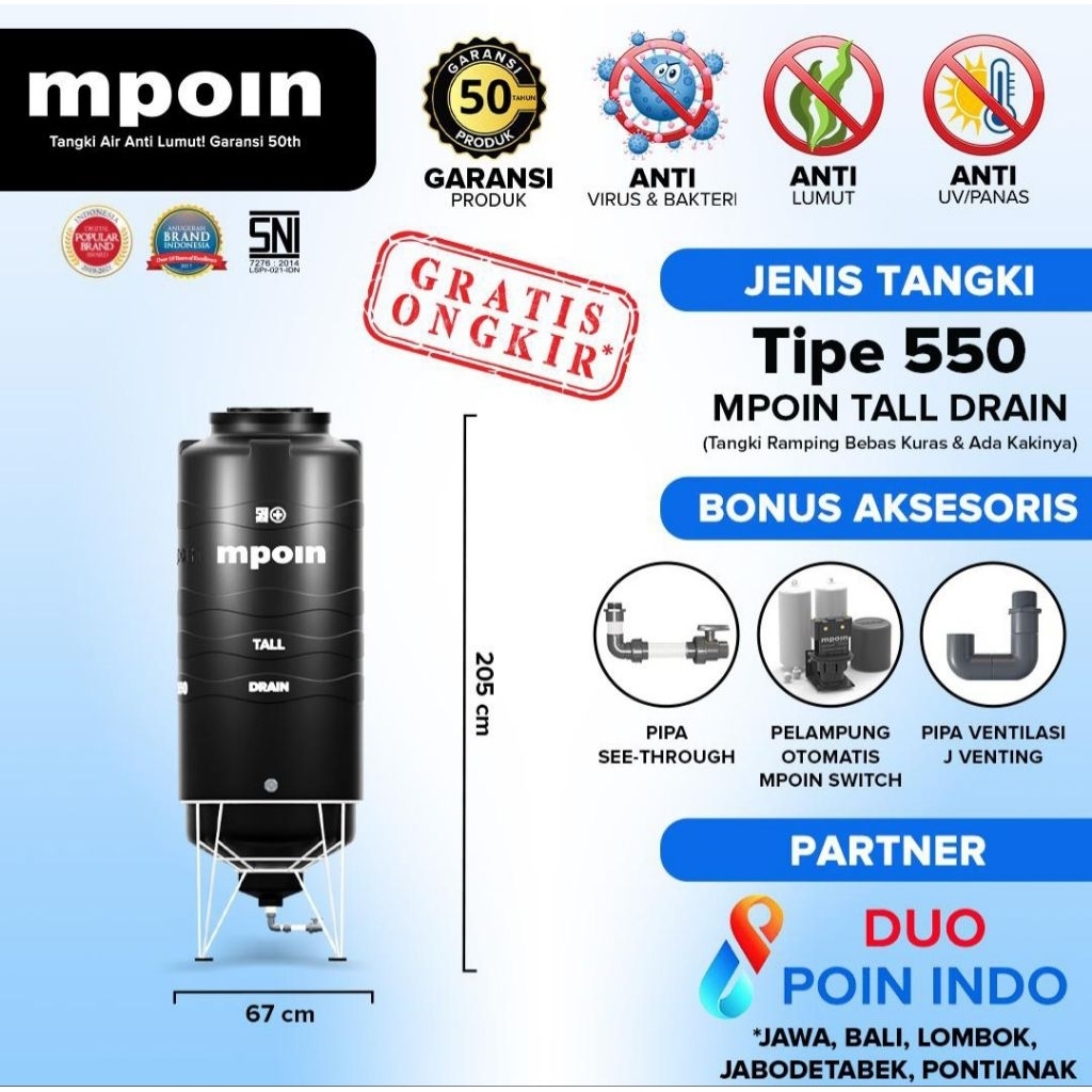 Jual TOREN TANGKI AIR 550 TALL DRAIN RAMPING BEBAS KURAS ANTI LUMUT ...