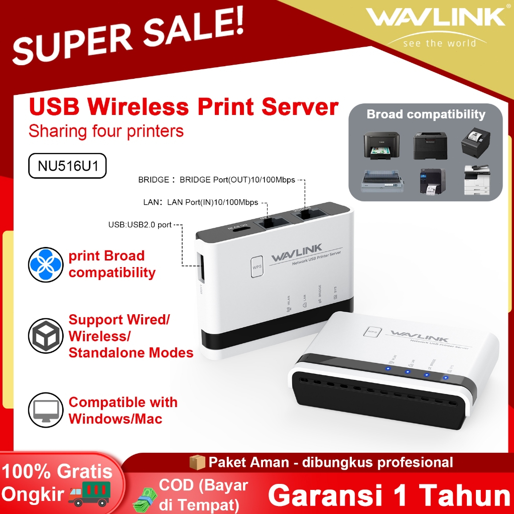 Jual WAVLINK Server Cetak USB WiFi RAW 2 Port LAN 100Mbps & Bridge 100Mbps Mendukung Printer ...