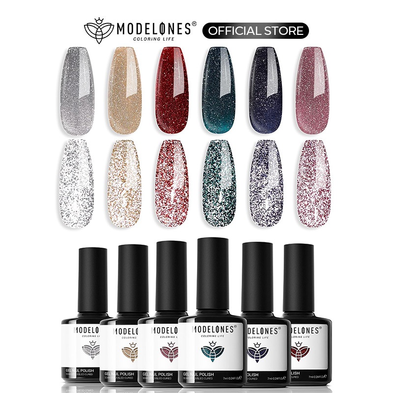 Jual MODELONES 6 Colors Gel Nail Polish of Set Reflective Glitter Pink ...