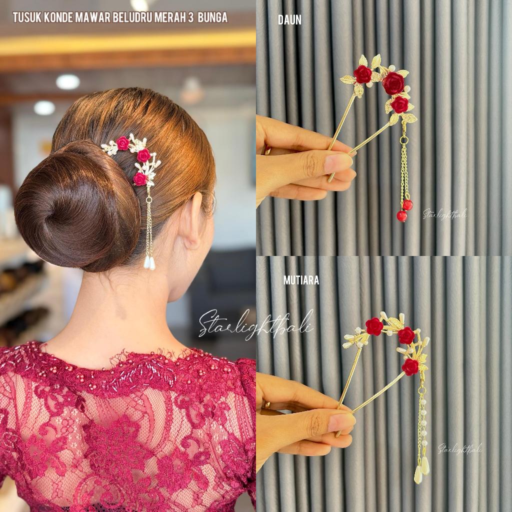 Jual STARLIGHT BALI - Tusuk Konde Mawar Beludru Merah 3 Bunga / Konde ...