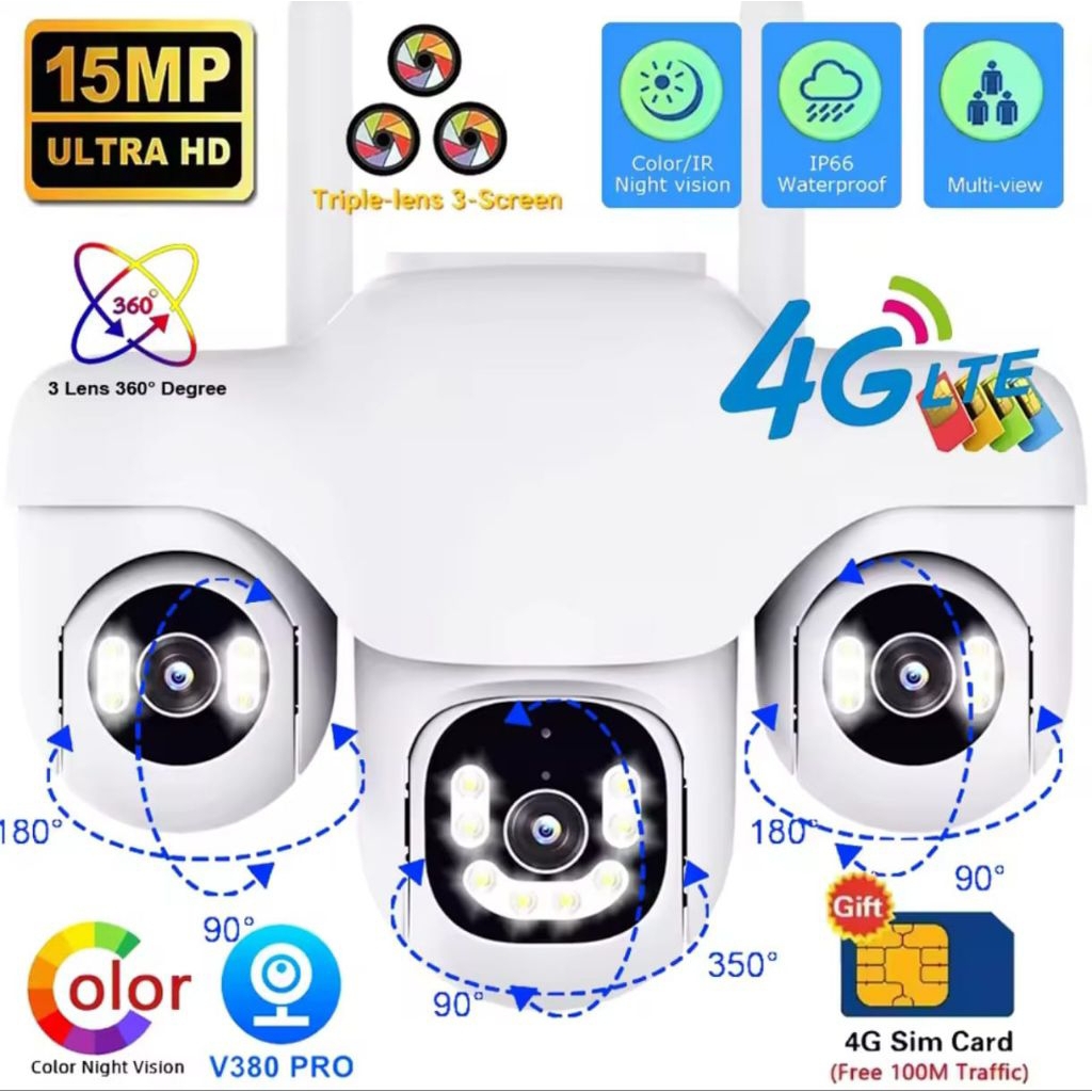 Jual IP Camera Outdoor V380 Pro SimCard 4G CCTV 3 Lensa Ptz Auto ...