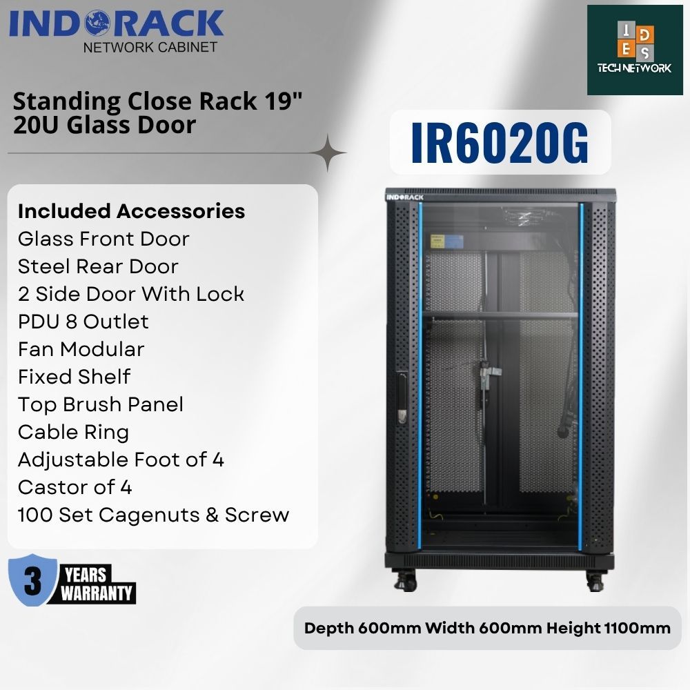Jual Indorack IR6020G Close Rack 20U Depth 600mm Glass Door Rak Server ...