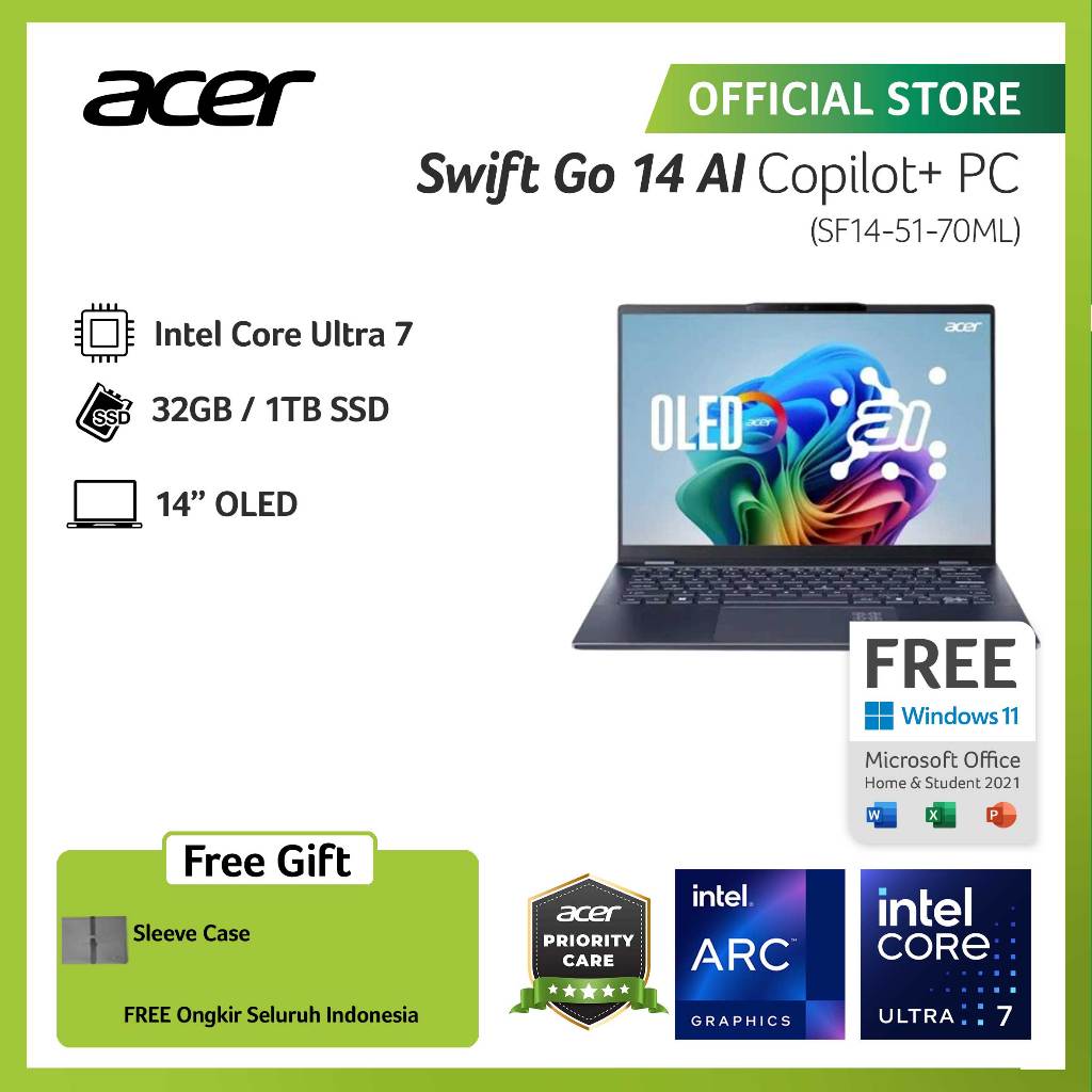 Jual (FREE HAND FAN & HEADSET ) ACER LAPTOP SWIFT 14 AI COPILOT + PC SF14-51-70ML 14" OLED INTEL ...