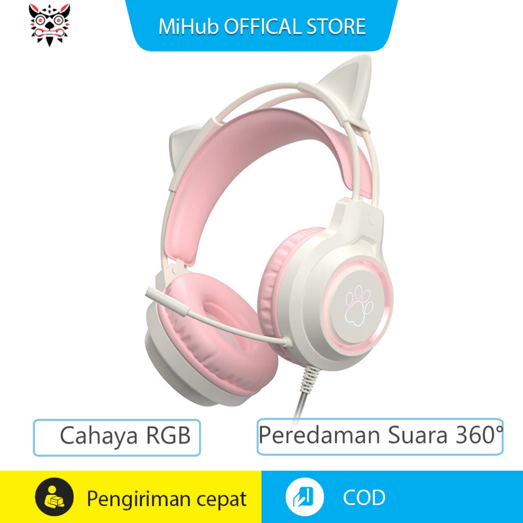 Jual Headphone Gaming Telinga Kucing LED Pelangi 50mm Noise Cancelling ...
