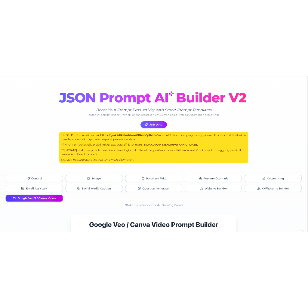 Jual Template JSON Prompt AI Builder V2 | Prompt Siap Pakai Google Veo ...