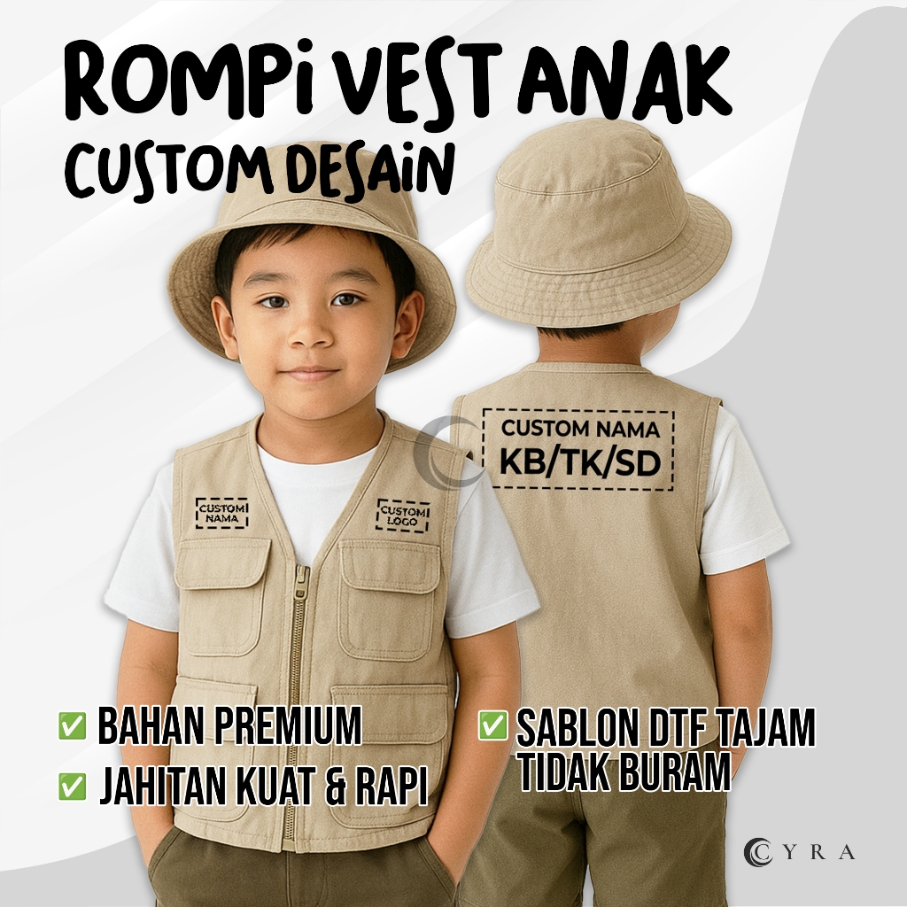 Jual ROMPI VEST ANAK SABLON CUSTOM DESAIN ROMPI SAFARI OUTDOOR TK SD ...