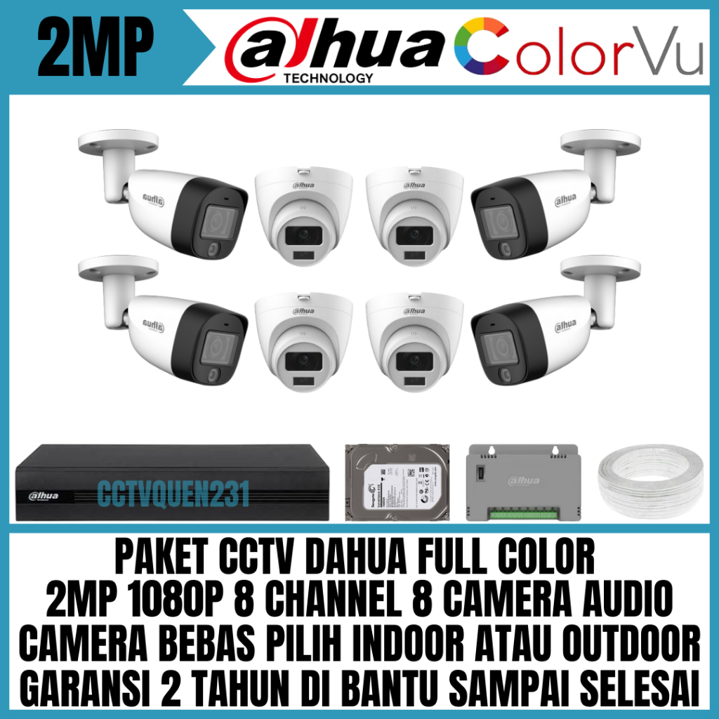 Jual PAKET CCTV DAHUA 2MP FULL COLOR 8 CHANNEL 8 CAMERA COLORVU 1080P ...