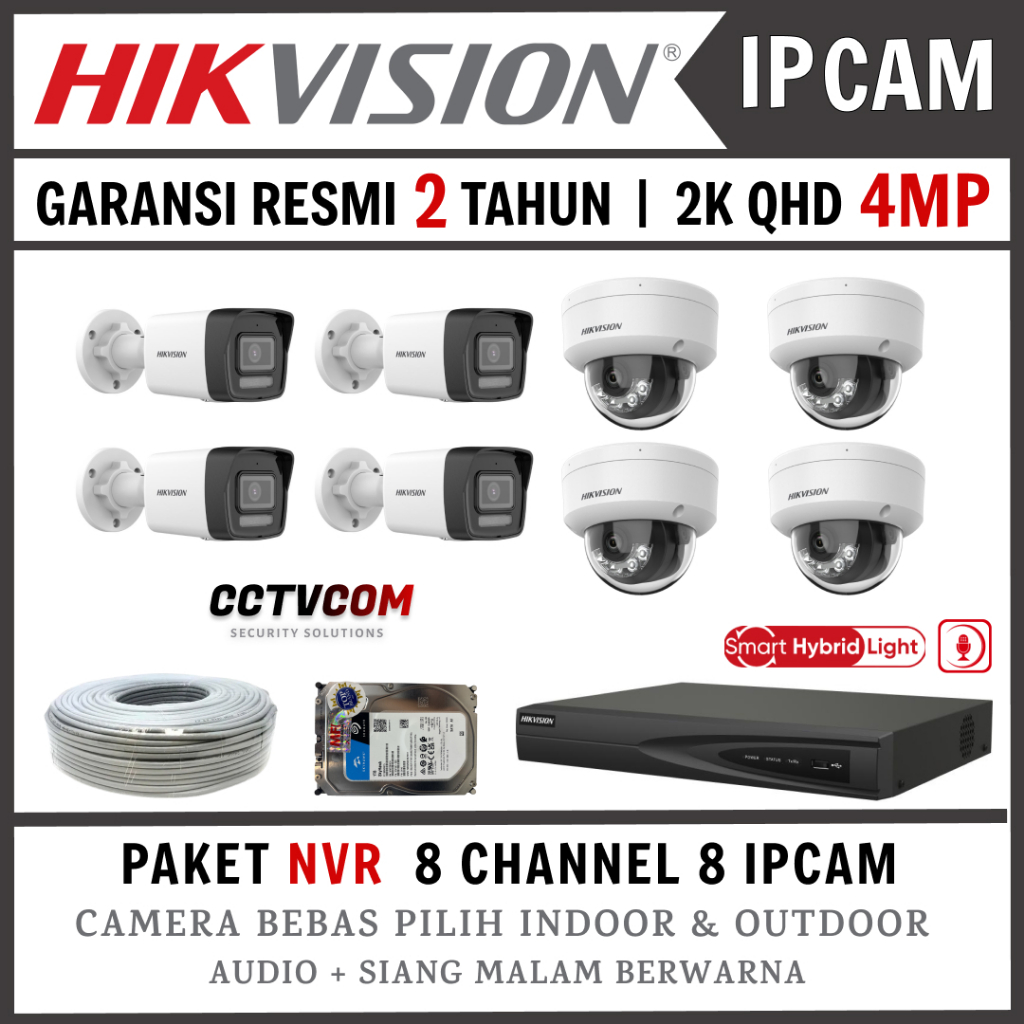 Jual Paket IP Camera HIKVISION 4MP PoE 8 Channel 8 Camera Smart Hybrid ...