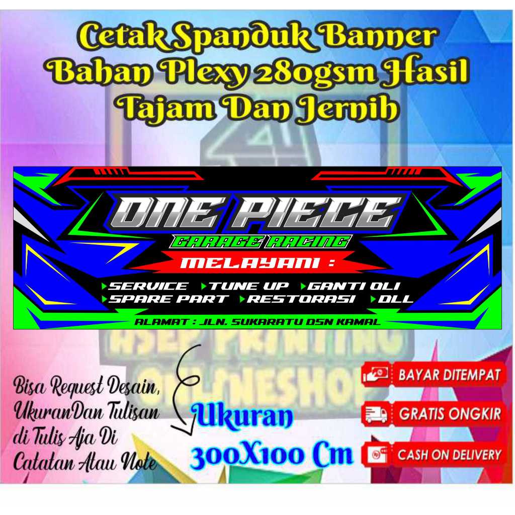 Jual CETAK SPANDUK BANNER 300X100 ONE PIECE GARAGE RACING CUSTOM DESAIN ...