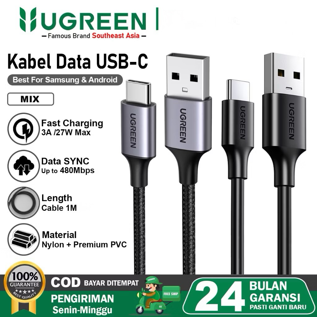 Jual Kabel Ugreen Nylon PVC USB to Type C Lightning Android Iphone Fast ...