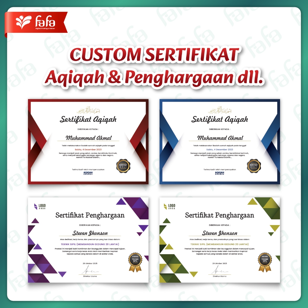Jual Cetak Sertifikat/Piagam Penghargaan Aqiqah Penghargaan Seminar dll ...
