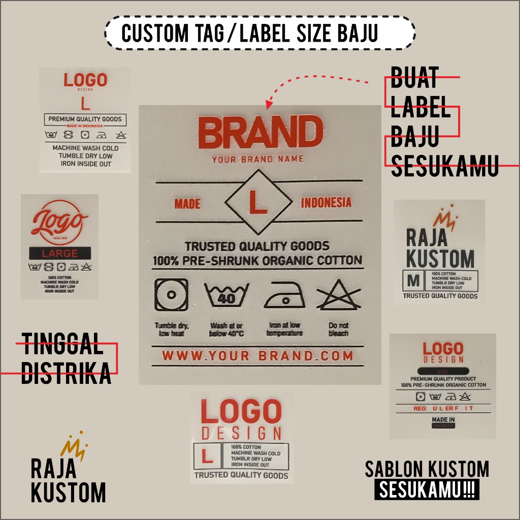 Jual Custom Tag size label baju DTF merek logo sendiri, termurah ...
