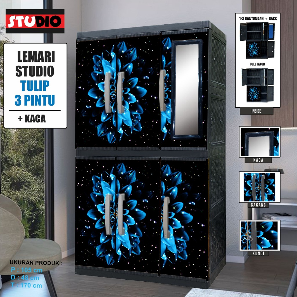 Jual LEMARI PAKAIAN PLASTIK 3 PINTU JUMBO BESAR GANTUNGAN KACA STUDIO ...