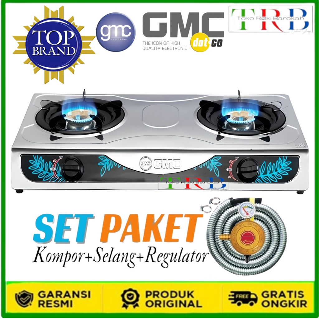 Jual Kompor Gas GMC 2 Tungku+Selang Gas+Regulator Meter Premium Api ...