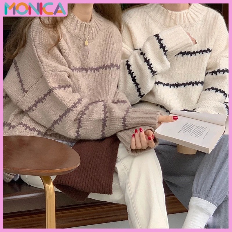 Jual Monica Sweater pullover leher bulat wanita baru longgar garis ...