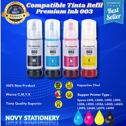 Jual Compatible Tinta Refil Premium Ink 003 Printer Epson L1110 L3210 ...