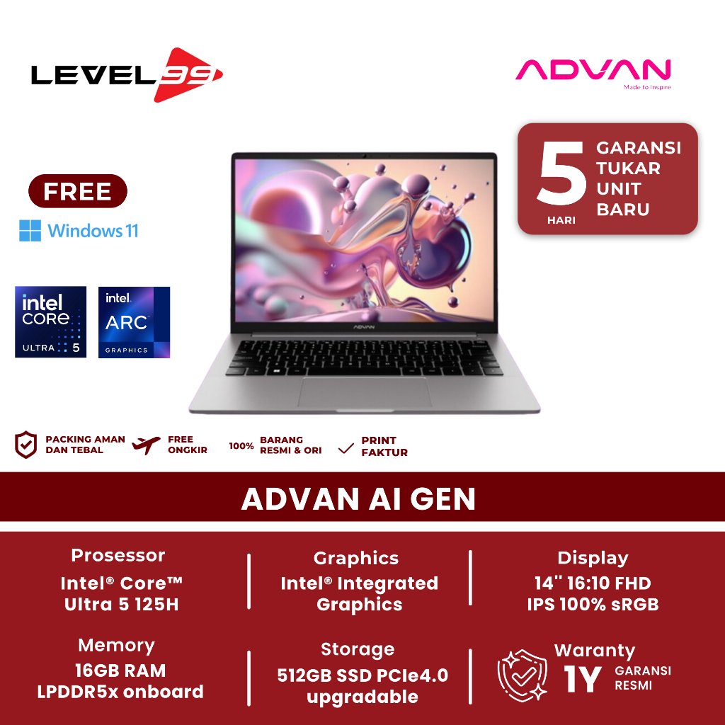 Jual Laptop Advan Ai Gen | Ultra 5-125H 16/512Gb 14"Fhd W11 | Shopee ...