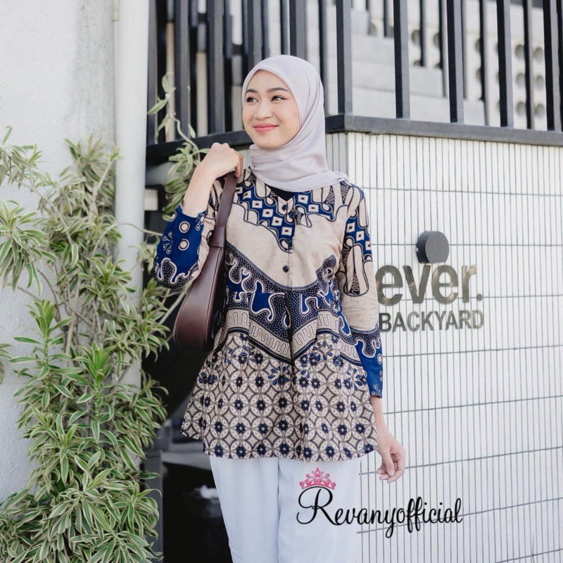 Jual Revany ID - Blouse Kawung Navy Series Atasan Batik Couple Wanita Anggun Atasan Wanita ...