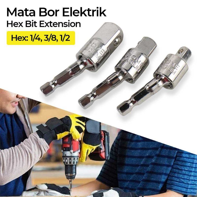 Jual Mata Bor Elektrik Adapter Extension Bits Hex 1/4 3/8 1/2 3 PCS ...