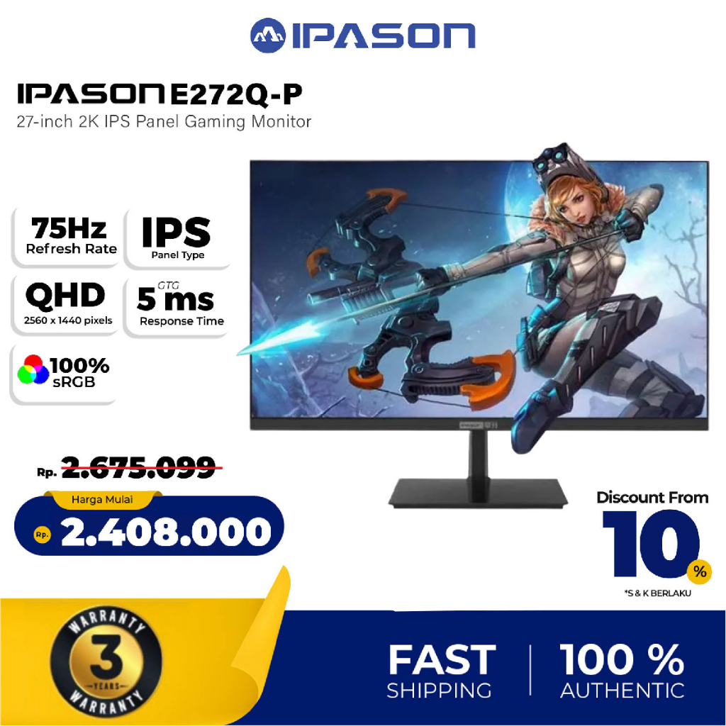 Jual IPASON Gaming Monitor E272Q-P 27inch 2K IPS 75HZ 2560*1440 DP/HDMI/DVI | Shopee Indonesia