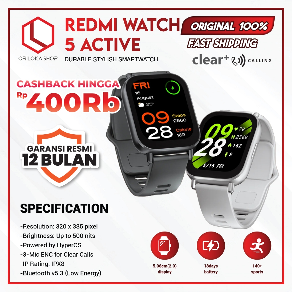 Jual Xiaomi Mi Redmi Watch 5 Active Smartwatch 5ATM 2.0" LCD Display ...