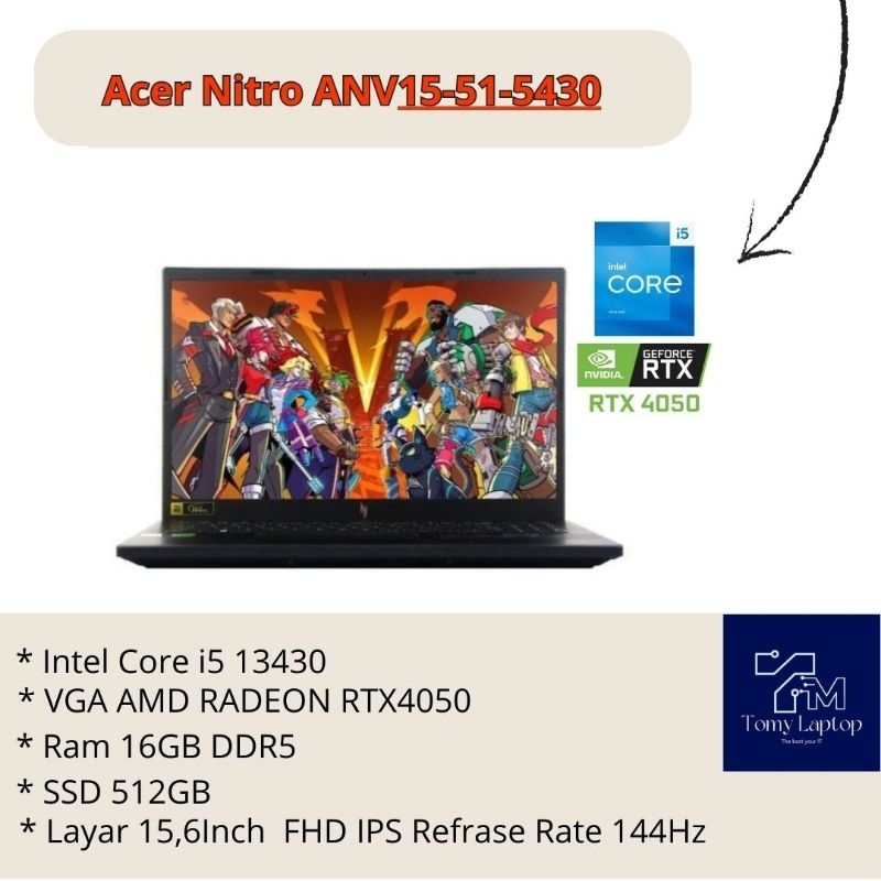 Jual Laptop Acer Nitro V15 ANV15-51-5430 Intel Core i5-13420H VGA Nvidia GeForce Force Rtx 4050 ...