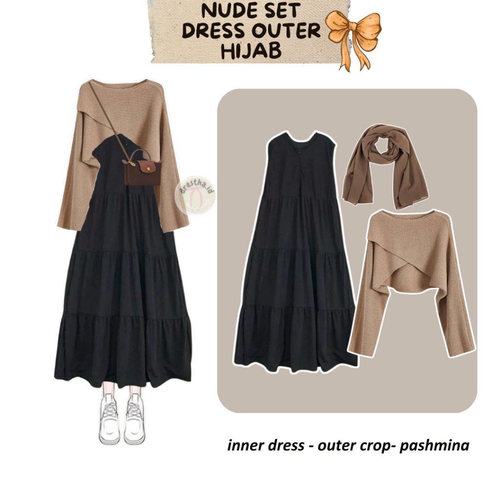 Jual One Set Hijab 3IN1 Inner Dress Ruffle + Outer Crop Rajut Vest Cardigan Korean Style ...