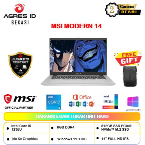 Jual Msi Modern 14 Core i5 1235U 8GB 512GB Windows 11+OHS 14 Inch Full ...