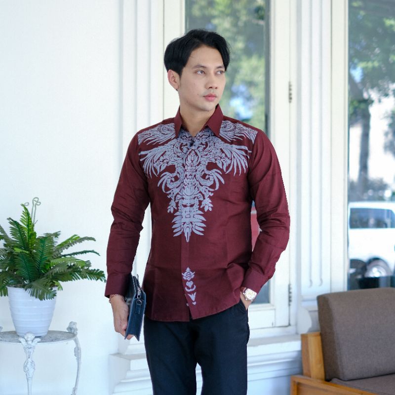 Jual batik AREFA motif burgundy merah maroon Kemeja batik pria slimfit ...