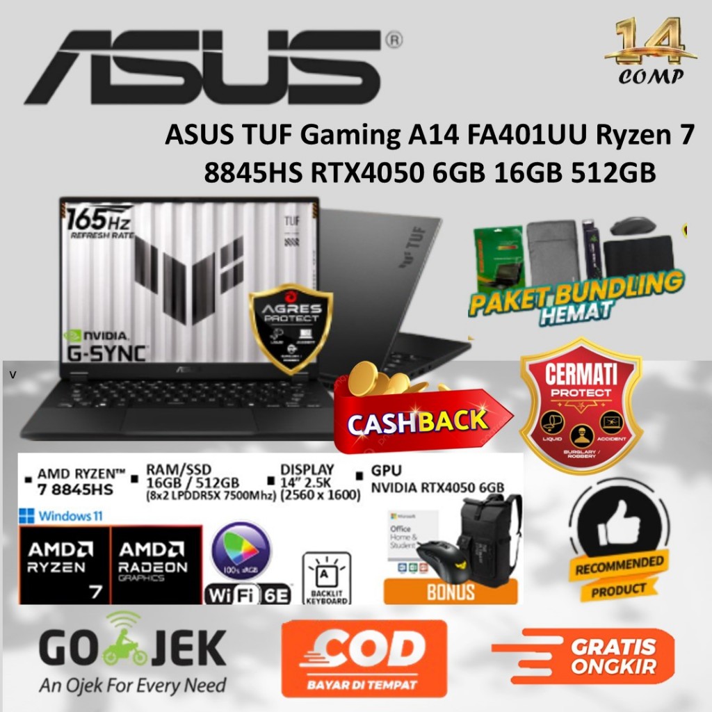 Jual ASUS TUF Gaming A14 FA401UU Ryzen 7 8845HS RTX4050 6GB 16GB 512GB ...