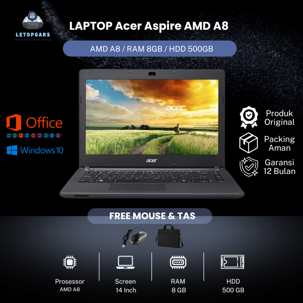 Jual LAPTOP Acer Aspire AMD A8 / RAM 8GB / HDD 500GB | Shopee Indonesia