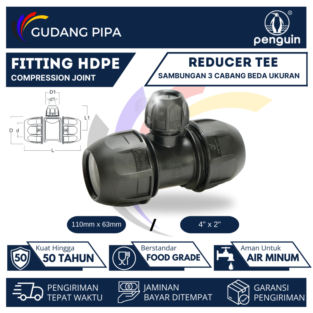 Jual Sambungan pipa HDPE Reducer Tee 110mmx63mm ~ 4" x 2" Compression ...