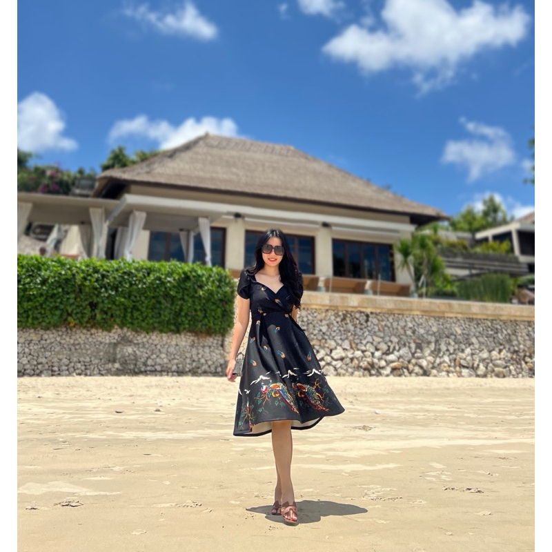 Jual HERFIT SEVILA dress motif merak / dres pesta / dress kondangan ...