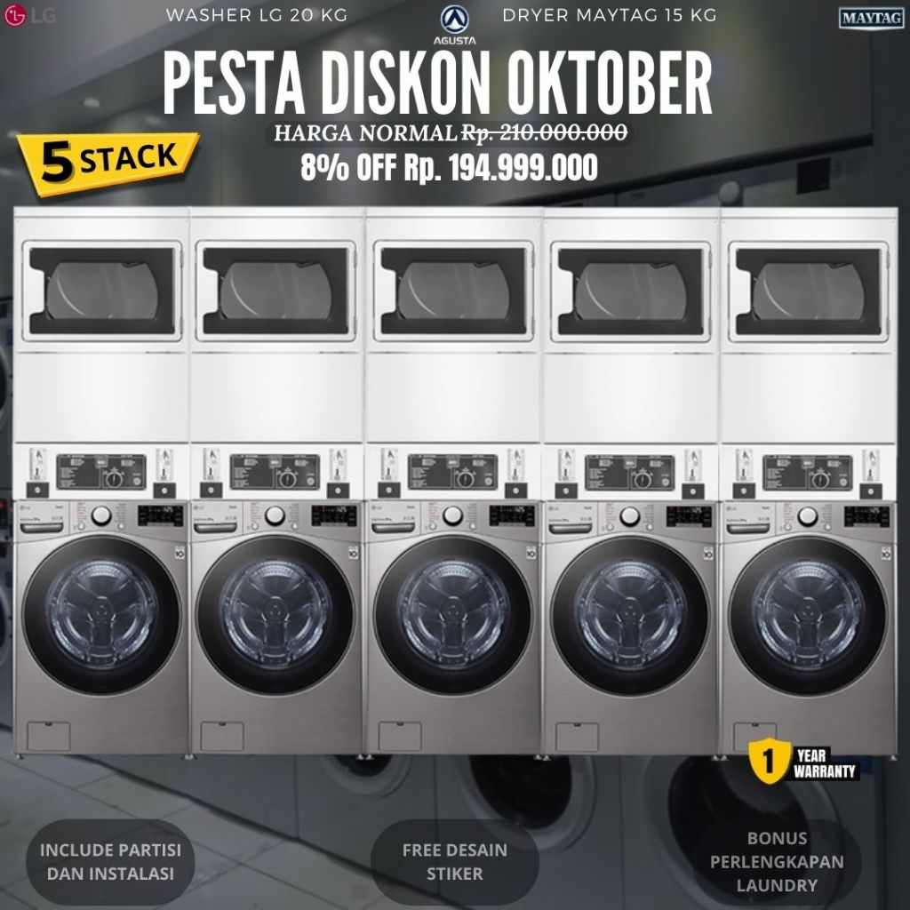 Jual Paket Mesin Laundry Coin 5 set Stack Mesin Cuci LG 20 kg & Mesin Pengering Maytag 15 kg ...