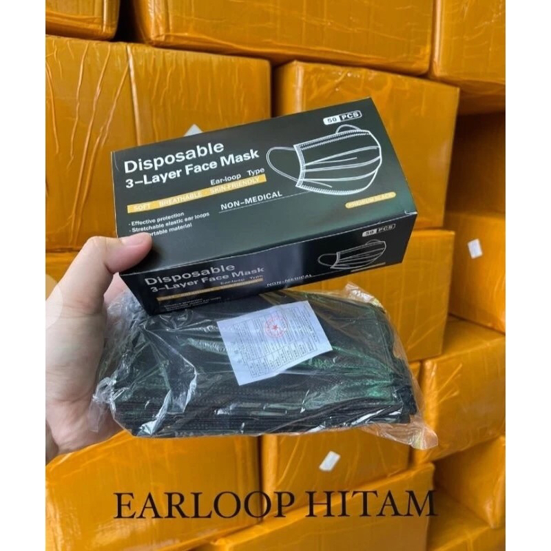 Jual Masker Earloop Hitam 3ply isi 50pcs | Shopee Indonesia
