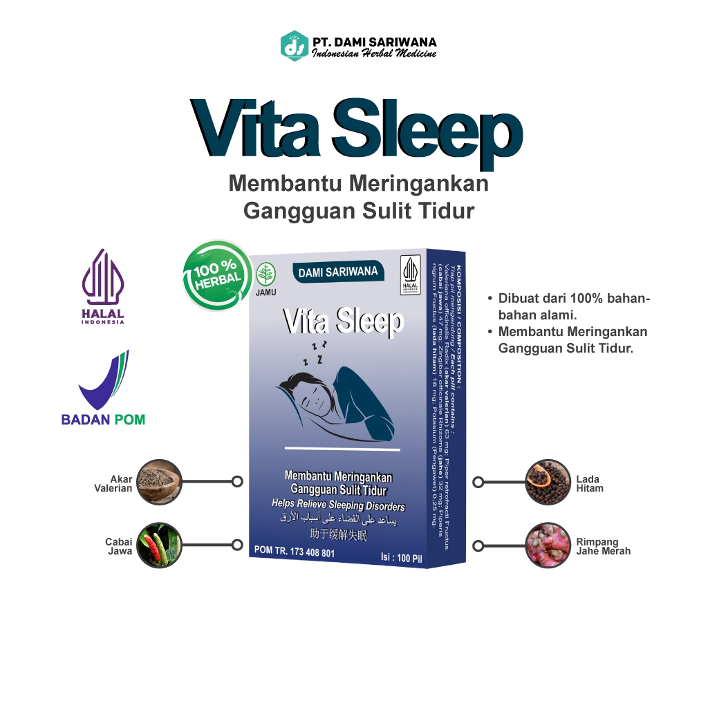 Jual Jamu Obat Herbal Vitasleep 100 Pil Membantu Meringankan Gangguan ...