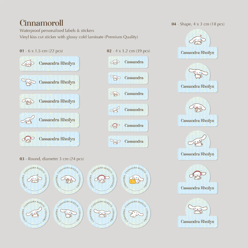 Jual CINNAMOROLL / STICKER NAMA SINGLE PACK (4 Bentuk , 4 Ukuran ...