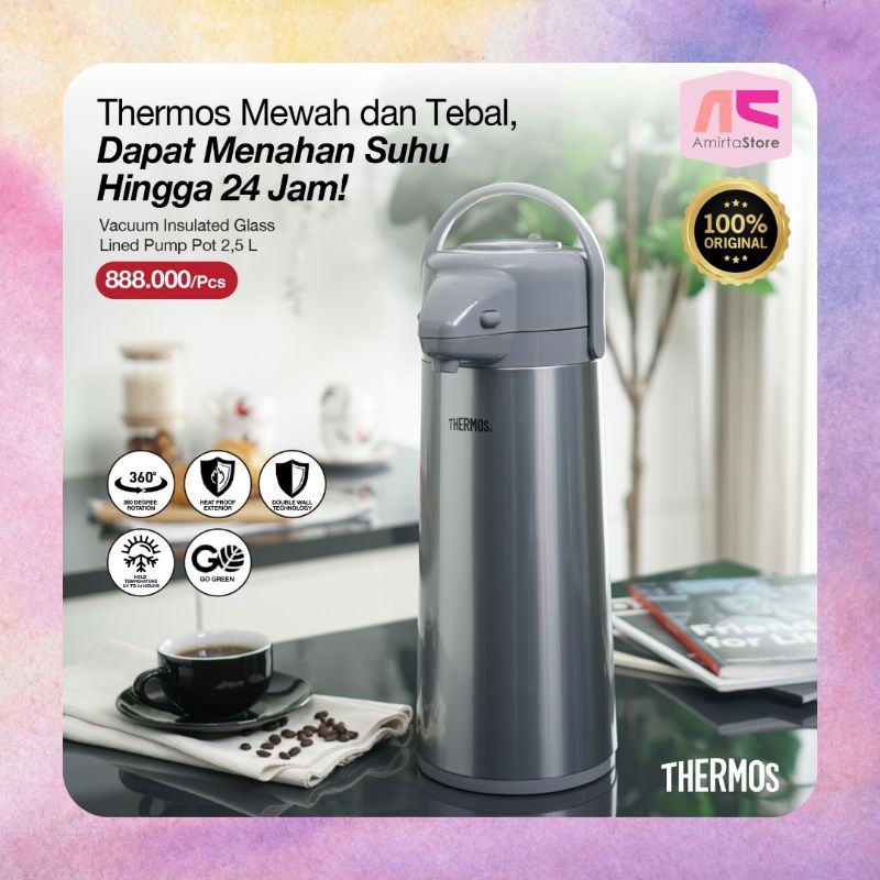Jual (ORIGINAL) Thermos Vacuum Insulated Glass Lined Pump Pot 2,5 L Termos Tahan Suhu 24 Jam ...