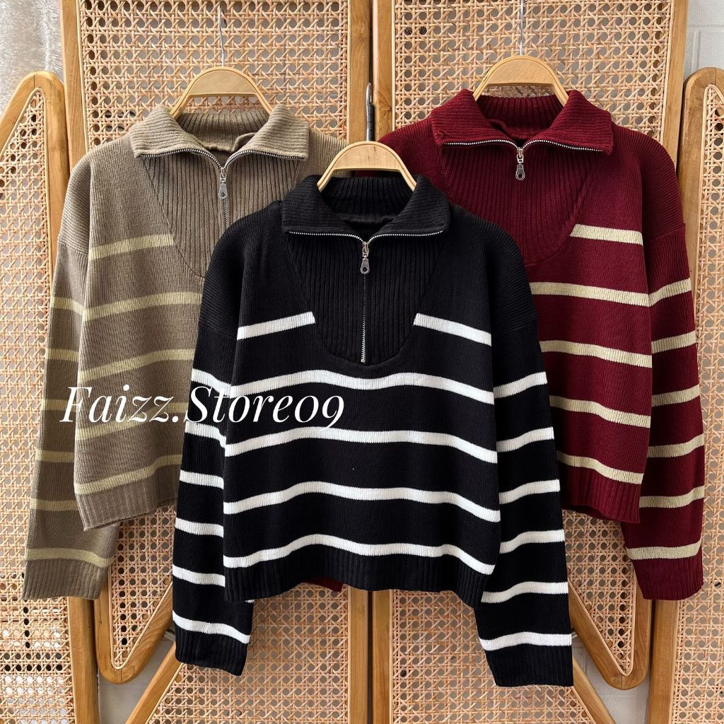 Jual Aira Sweater Knit Zipper Motif Stripe Crop Premium Atasan Rajut Wanita Resleting Korean ...
