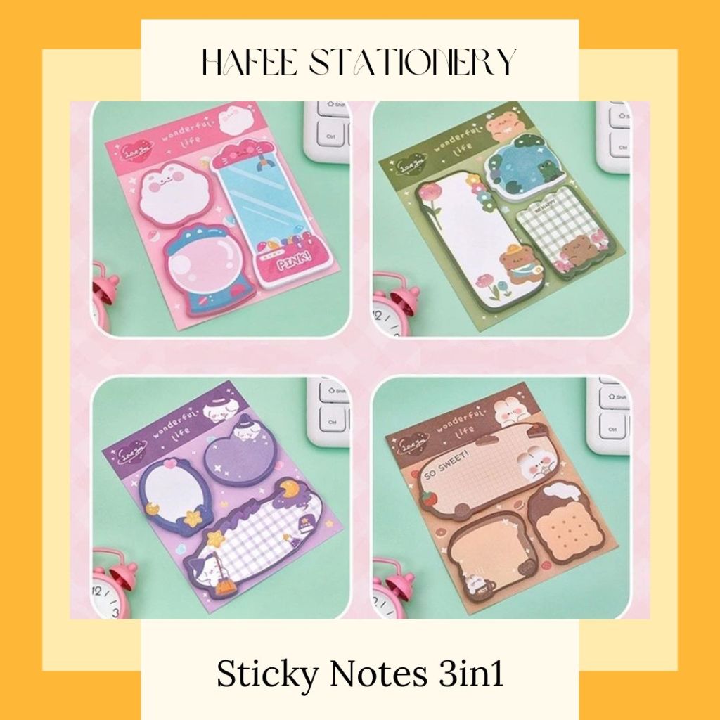 Jual Sticky Notes Lucu 3 in 1 Tempelan Kertas Catatan 60 Lembar Notes ...