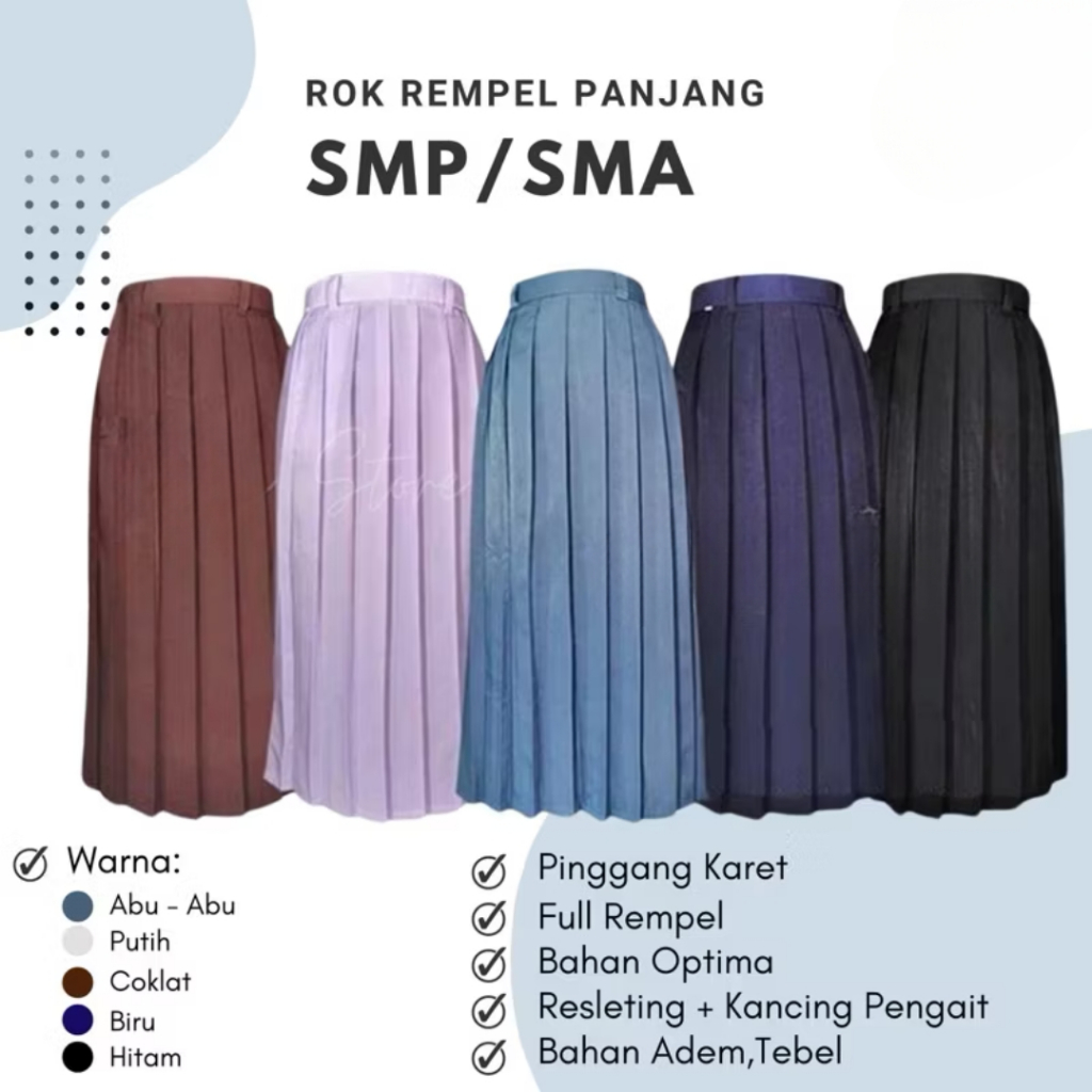Jual Rok Panjang Full Rempel Plisket SMP/SMA Kerja Varian Warna Putih Hitam Abu SMA Biru SMP ...