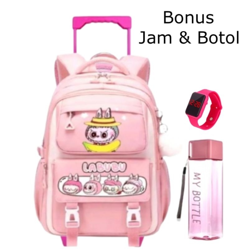 Jual Tas dorong ransel roda troli anak perempuan model LABUBU Viral motif boneka | Shopee Indonesia