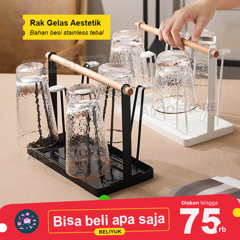 Jual Rak Gelas Organizer Besi Cup Holder 6 Slot Tempat Cangkir Gelas Minimalis Pegangan Kayu Cup ...