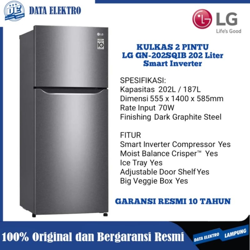 Jual Kulkas LG 2 Pintu Inverter GN-B202SQIB 202 liter gros / 187 Liter Net Garansi Resmi 10 ...