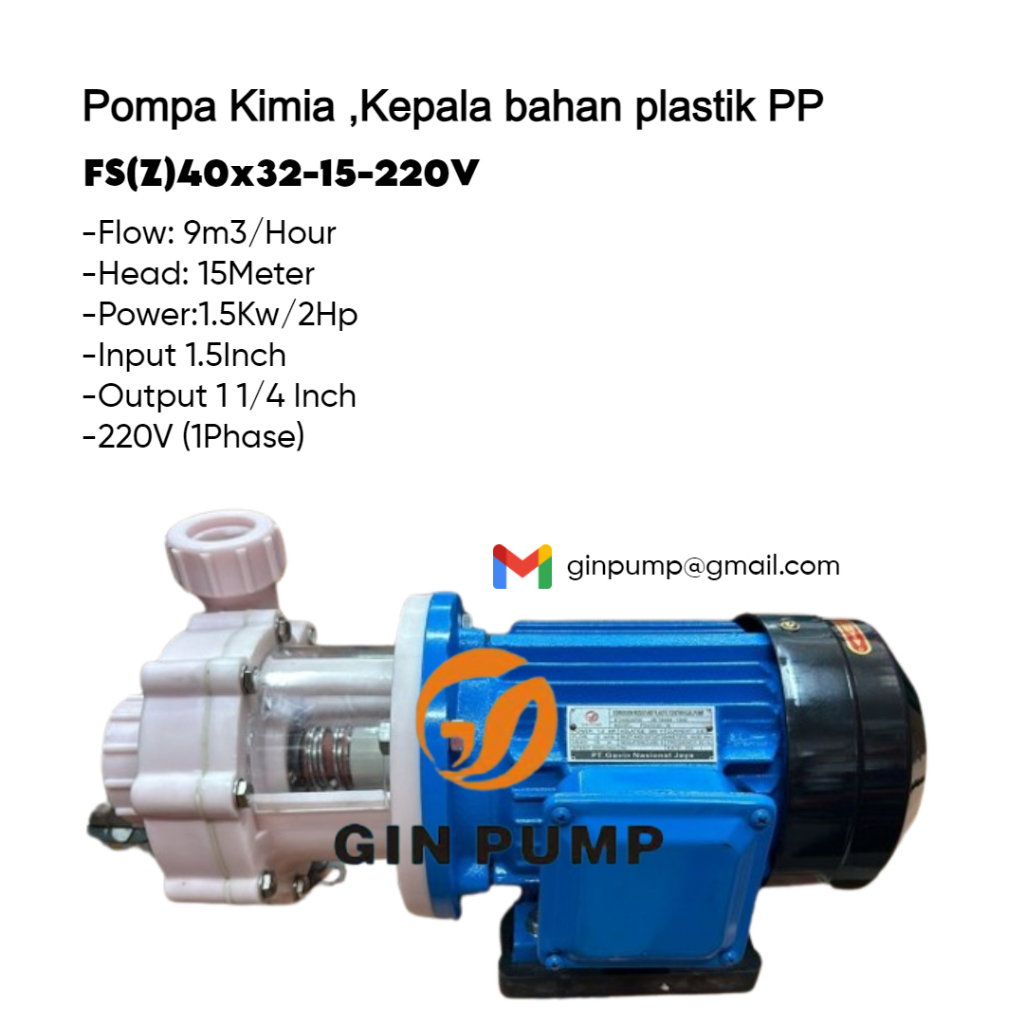 Jual Pompa Kimia/Chemical Pump FS Anti corrosion Centrifugal Pump Merek Gin pump FS(Z)40x32-15 ...