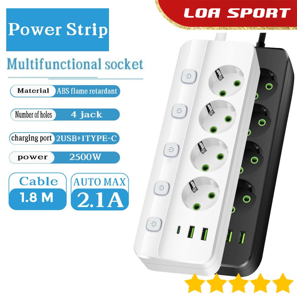 Jual Stop Kontak Colokan Listrik 4 Lubang 2 USB A 1 Type C 10A Kabel 1 ...