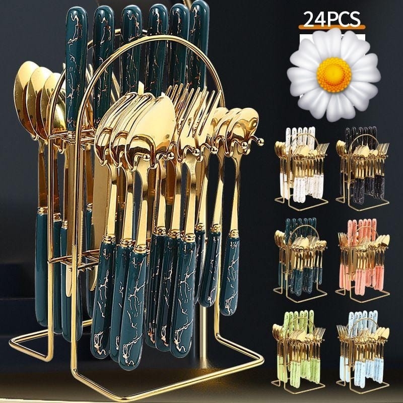 Jual Sendok Cutlery Set Sendok Sultan Makan Set Isi 24 Set Gold Marble ...