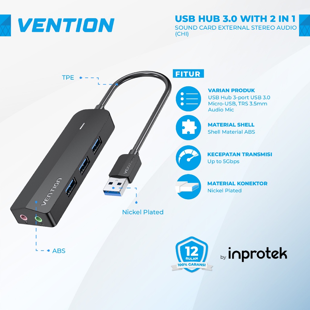 Jual Vention USB Hub 3.0 with 2in1 Sound card External Stereo Audio ...